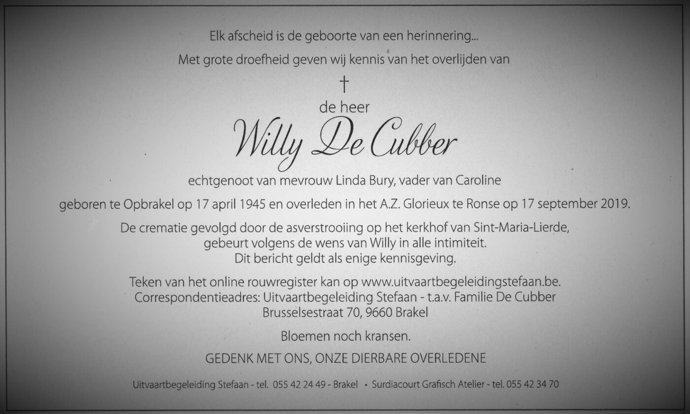 Overlijdensbericht, Willy De Cubber – NUUS